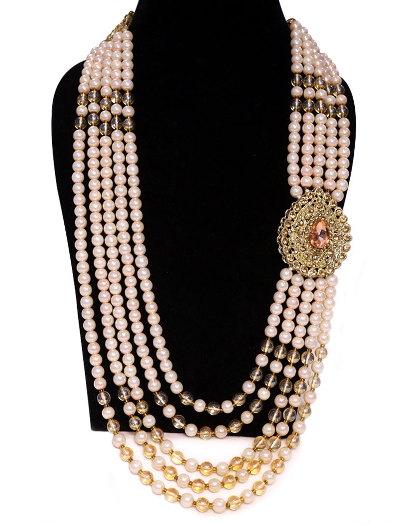 Charming Multi Layered Peach And Golden Toned Pearl Mala - Mubarkaan Store